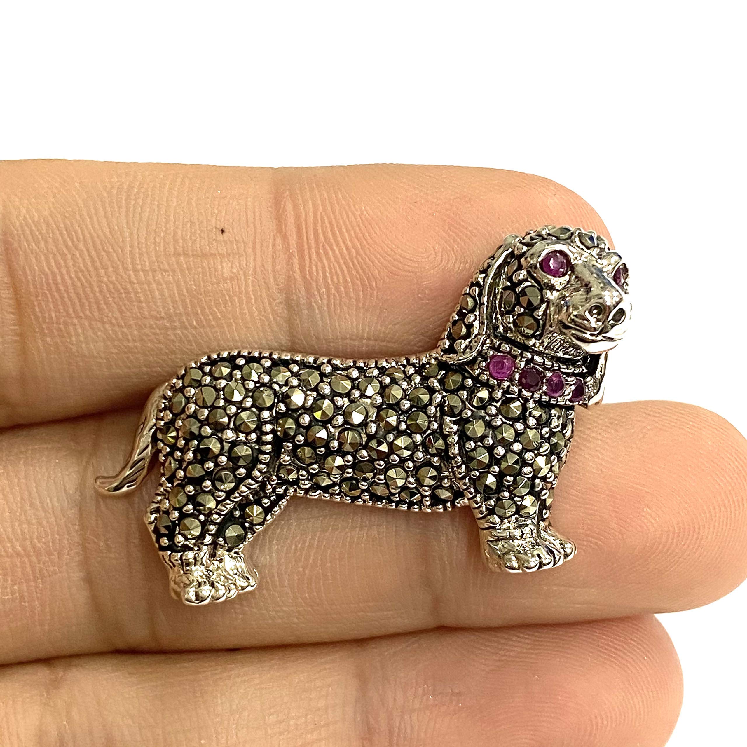 Art Deco Style Dachshund Dog Pin Brooch with Marcasite and Ruby Stone 925 Sterling Silver