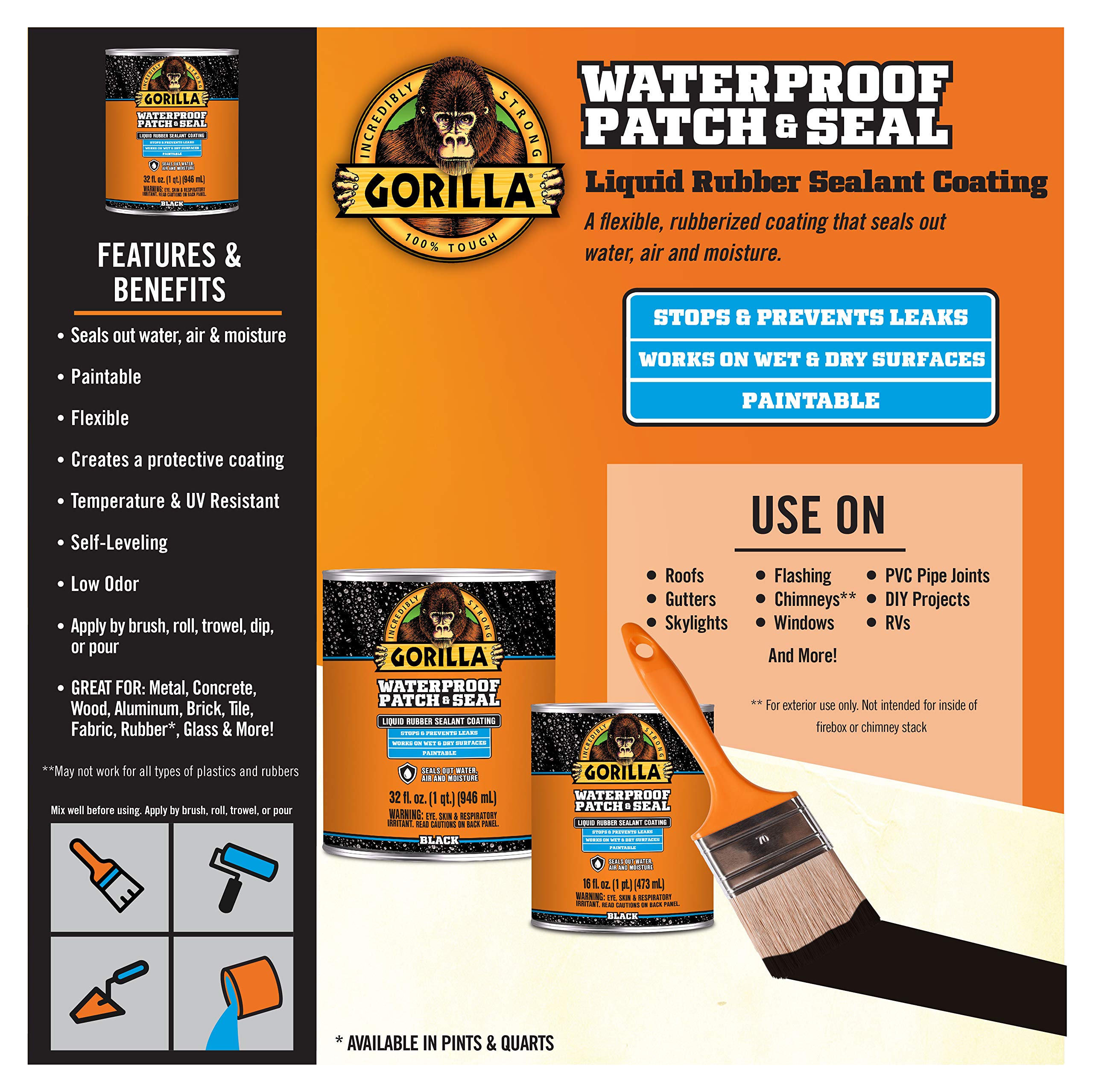 Gorilla Waterproof Patch & Seal Liquid, Black, 16 Ounces, (Pack of 1)