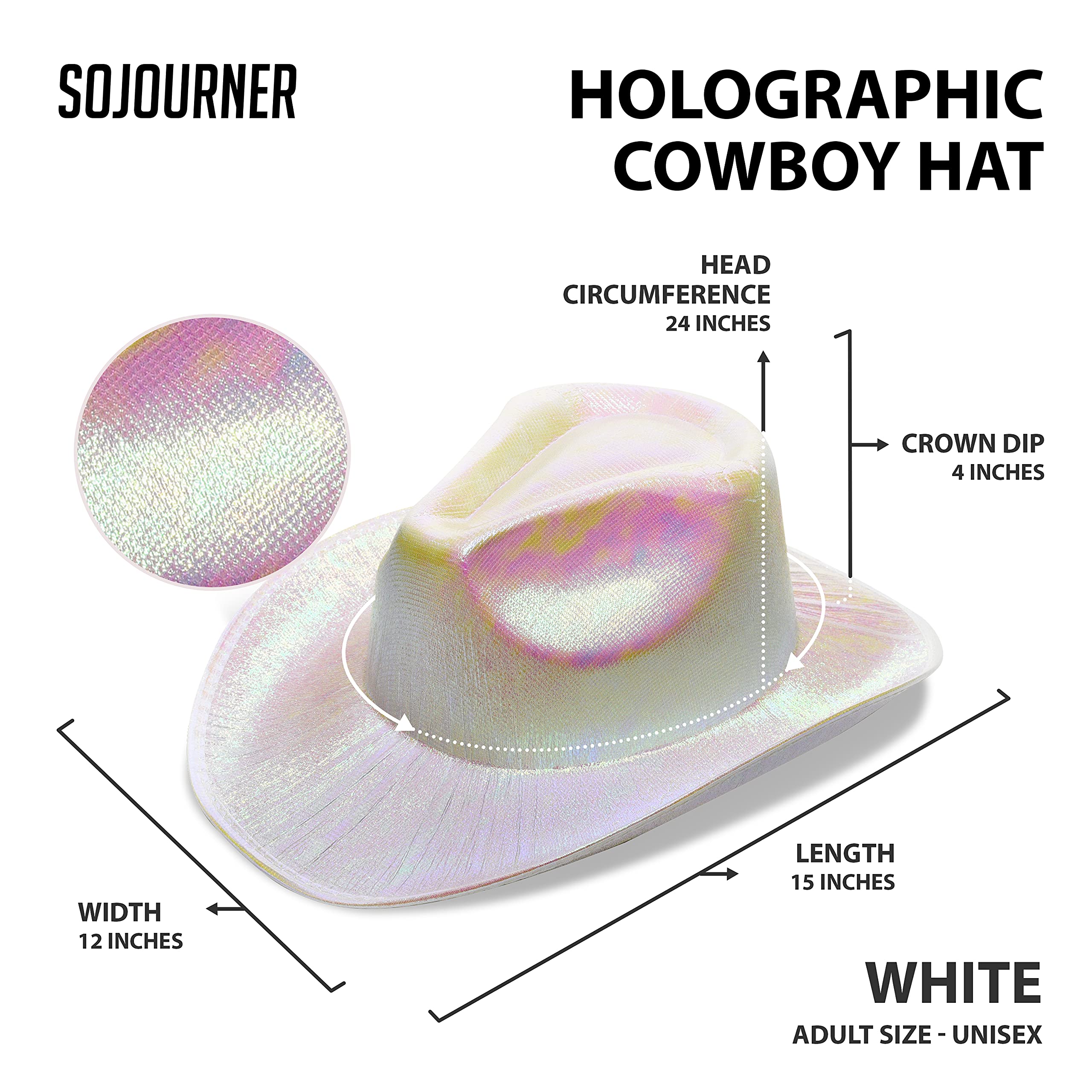 SoJourner Bags Neon Sparkly Glitter Space Cowboy Hat - Fun Metallic Silver Holographic Halloween Party Disco Cowgirl Hat for Birthday & Bachelorette