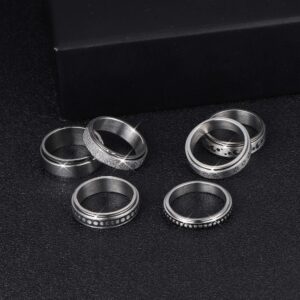 FIBO STEEL 6Pcs Stainless Steel Spinner Ring for Women Fidget Band Rings Moon Star Sand Blast Finish Ring Set for Stress Relieving Wedding Promise Size 5-13 (8)