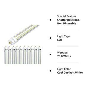 ELEKICO 75w 8ft Led Bulbs, 9500lm 5000k 8' Led Bulbs, V Shaped Clear Cover T8 Led Tube Lights 8ft, T8 Led Bulbs 8 Foot, 8' Led Replacement for T8 T10 T12 F96t12 Fluorescent Tubes