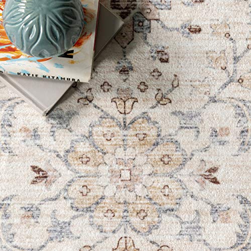 nuLOOM Gemma Machine Washable Transitional Floral Area Rug, 5' x 8', Beige, Rectangular, 0.15" Thick