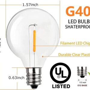 25 Pack G40 Led Replacement Light Bulbs, E12 Screw Base Shatterproof LED Globe Bulbs for Outdoor String Lights, 0.6 Watt Dimmable Light Bulbs, Warm White Light Bulb