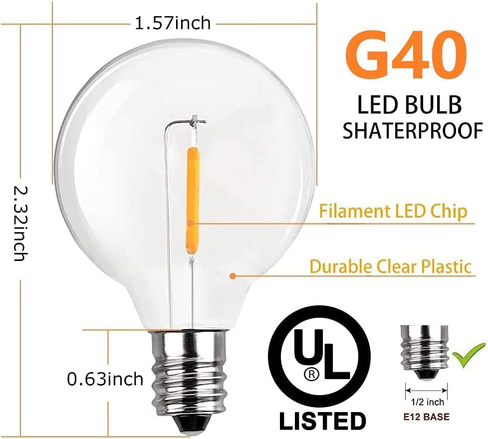 25 Pack G40 Led Replacement Light Bulbs, E12 Screw Base Shatterproof LED Globe Bulbs for Outdoor String Lights, 0.6 Watt Dimmable Light Bulbs, Warm White Light Bulb