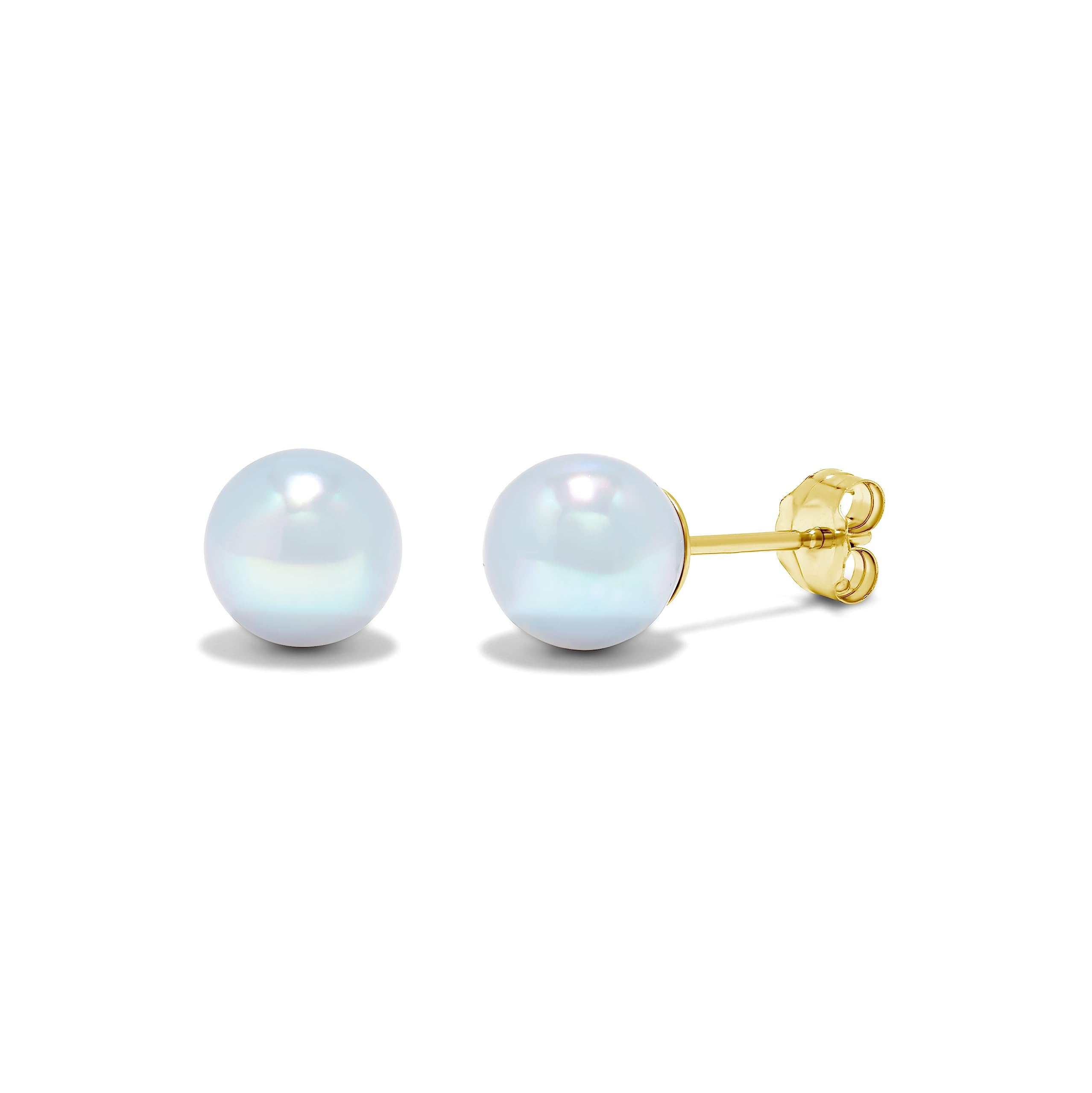 14K Yellow Gold AAAA 7-8mm Natural Blue Round Japanese Akoya Cultured Pearl Solitaire Pushback Stud Earrings Natural Blue Color