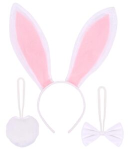 funcredible white bunny ears headband, bunny tail and bowtie - bunny costume set - rabbit costume cosplay accessories for kids and adult