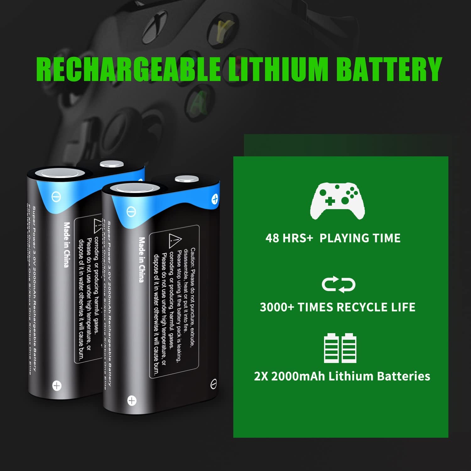 Lithium Rechargeable Xbox One Controller Battery Pack with Charger Compatible for Xbox Series X/S, Xbox One X/S Controller, 6000mWh High Capacity, 48Hrs Playing Time, 2H Fully Charged