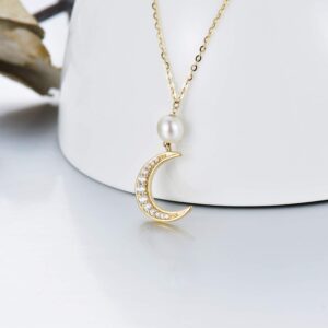 14K Solid Gold Crescent Moon Necklace for Women, Real Gold Moissanite Moon Pendant with Pearl Necklace Anniversary Jewelry Gift for Her, 16-18 Inch