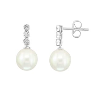 14K White Gold 0.09ctw Diamond & 8mm-8.5mm AAAA Round White Freshwater Cultured Pearl Stacked Bezels Drop Stud Earrings (G-H Color, SI2-I1 Clarity)