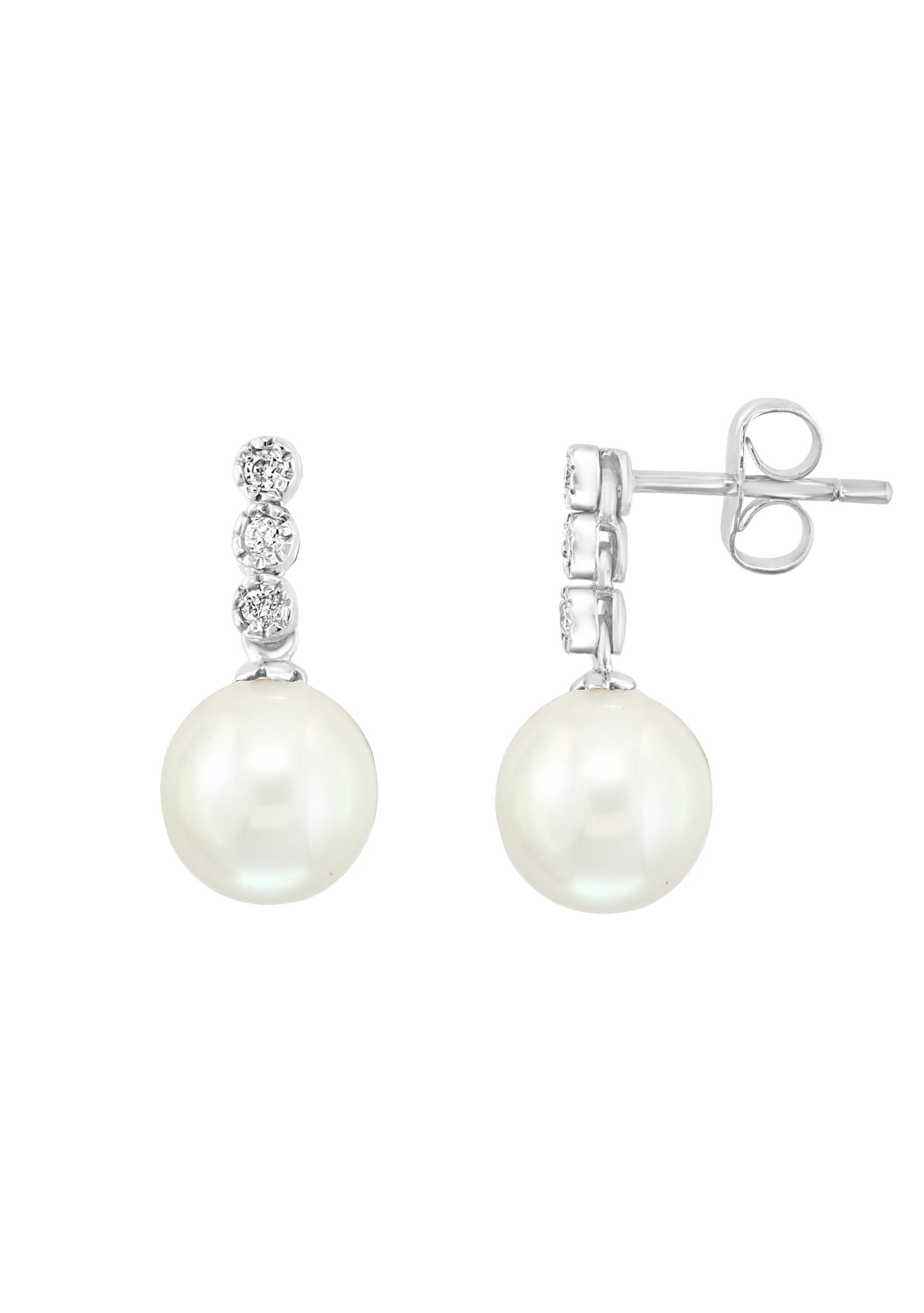 14K White Gold 0.09ctw Diamond & 8mm-8.5mm AAAA Round White Freshwater Cultured Pearl Stacked Bezels Drop Stud Earrings (G-H Color, SI2-I1 Clarity)