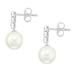 14K White Gold 0.09ctw Diamond & 8mm-8.5mm AAAA Round White Freshwater Cultured Pearl Stacked Bezels Drop Stud Earrings (G-H Color, SI2-I1 Clarity)