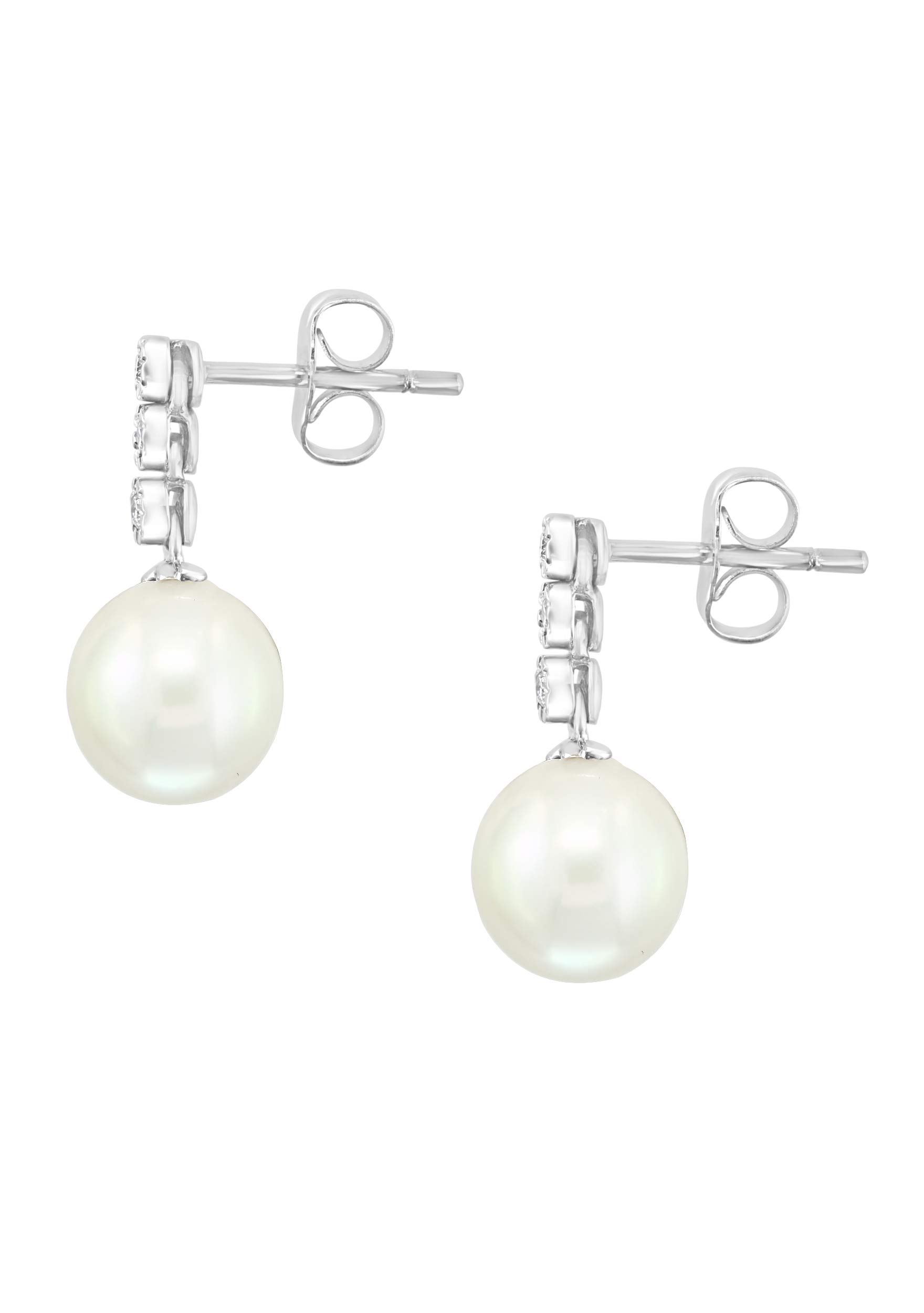 14K White Gold 0.09ctw Diamond & 8mm-8.5mm AAAA Round White Freshwater Cultured Pearl Stacked Bezels Drop Stud Earrings (G-H Color, SI2-I1 Clarity)