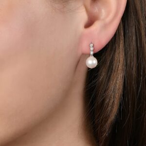 14K White Gold 0.09ctw Diamond & 8mm-8.5mm AAAA Round White Freshwater Cultured Pearl Stacked Bezels Drop Stud Earrings (G-H Color, SI2-I1 Clarity)