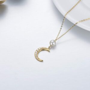 14K Solid Gold Crescent Moon Necklace for Women, Real Gold Moissanite Moon Pendant with Pearl Necklace Anniversary Jewelry Gift for Her, 16-18 Inch