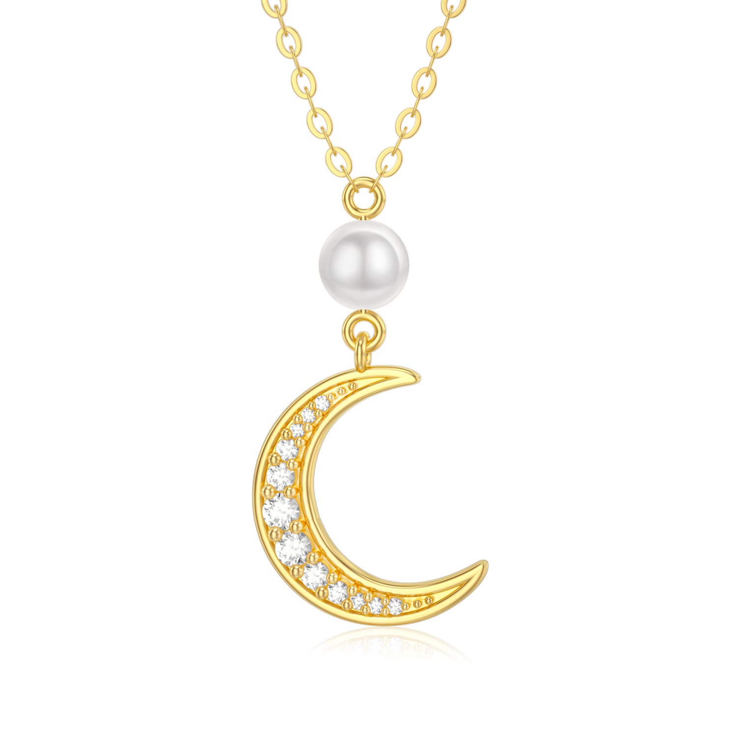 14K Solid Gold Crescent Moon Necklace for Women, Real Gold Moissanite Moon Pendant with Pearl Necklace Anniversary Jewelry Gift for Her, 16-18 Inch