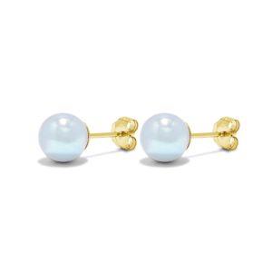 14k yellow gold aaaa 7-8mm natural blue round japanese akoya cultured pearl solitaire pushback stud earrings natural blue color