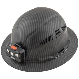 klein tools 60347 hard hat, vented full brim, class c, premium karbn pattern, rechargeable lamp, padded sweat-wicking sweatband, top pad