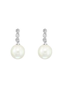 14k white gold 0.09ctw diamond & 8mm-8.5mm aaaa round white freshwater cultured pearl stacked bezels drop stud earrings (g-h color, si2-i1 clarity)