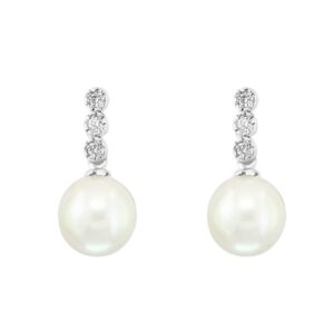 14K White Gold 0.09ctw Diamond & 8mm-8.5mm AAAA Round White Freshwater Cultured Pearl Stacked Bezels Drop Stud Earrings (G-H Color, SI2-I1 Clarity)