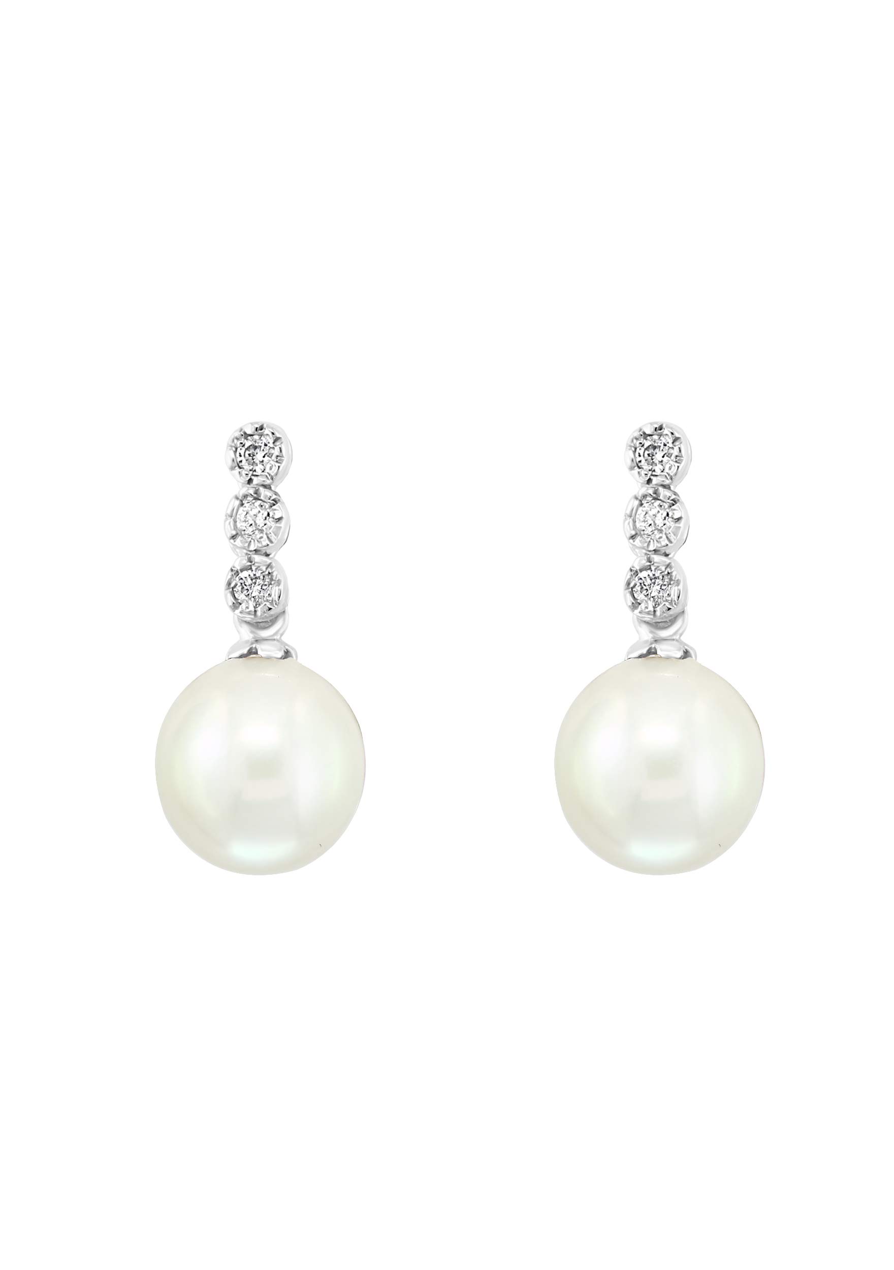 14K White Gold 0.09ctw Diamond & 8mm-8.5mm AAAA Round White Freshwater Cultured Pearl Stacked Bezels Drop Stud Earrings (G-H Color, SI2-I1 Clarity)