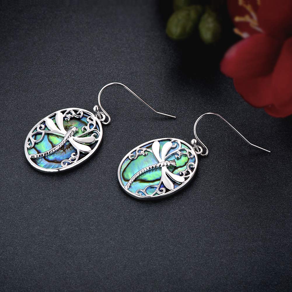 Abalone Drop Dragonfly Earrings Plated with White Gold, Fashionable Natural Shell Dangle Earring for Women