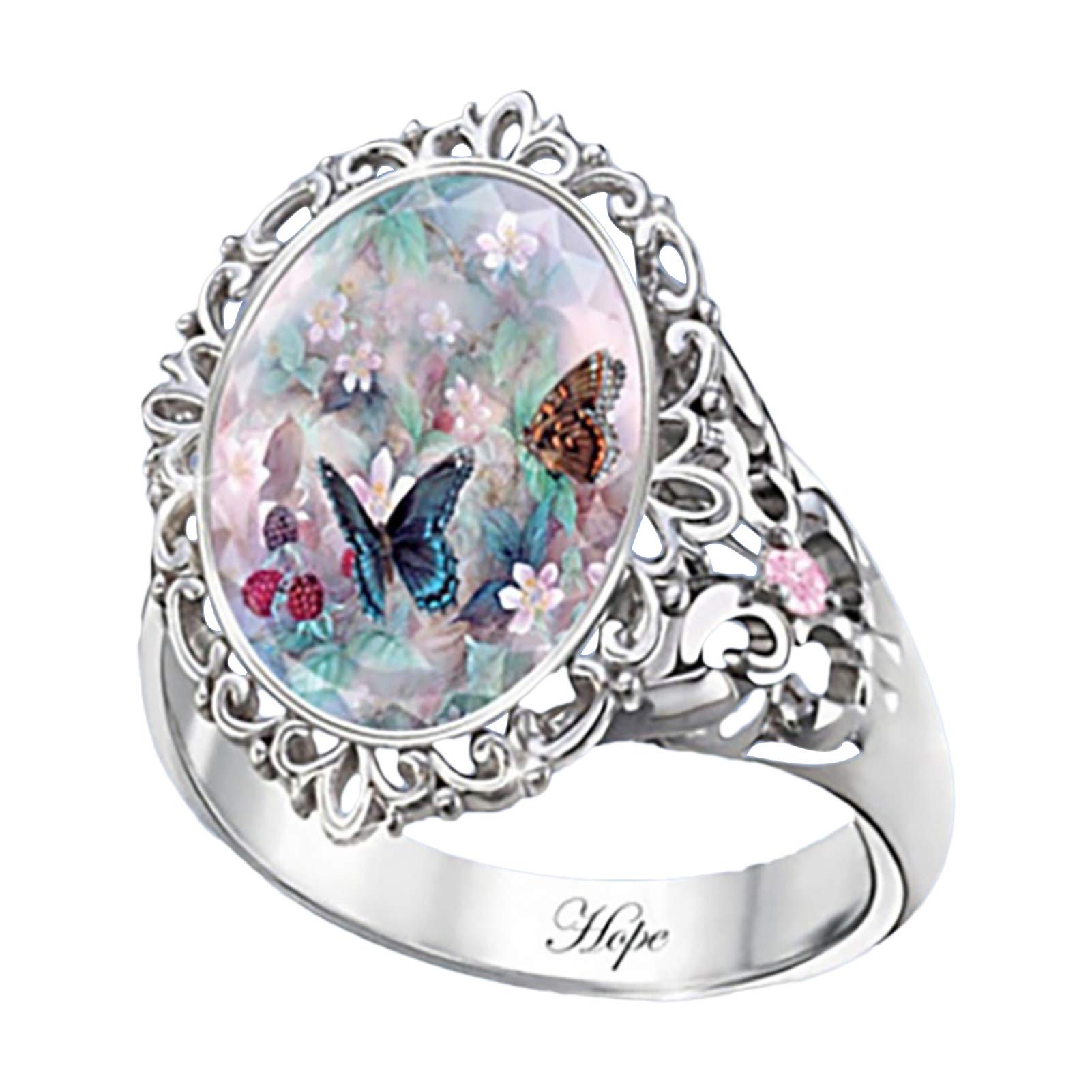 qiguch66 Wedding Rings for Women,Women Jewelry Accessory Elegant Decoration Oval Cut Enamel Flower Butterfly Ring for Party - US 7