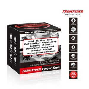 FRESINIDER Finger Tape - Strong Athletic Tape | 0.3” x 45 Feet (9 Pack) Tin Set | No Sticky Residue | for Rock Climbing, BJJ Jiu Jitsu, Grappling, Judo, MMA, Rock Climbing and Martial Arts (Black)