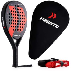 padel racket with carry bag - pronto rufus - improved precision, control and power - 3k carbon fiber faces, carbon fiber frame and black soft eva core - 2 extra anti-slip grips included