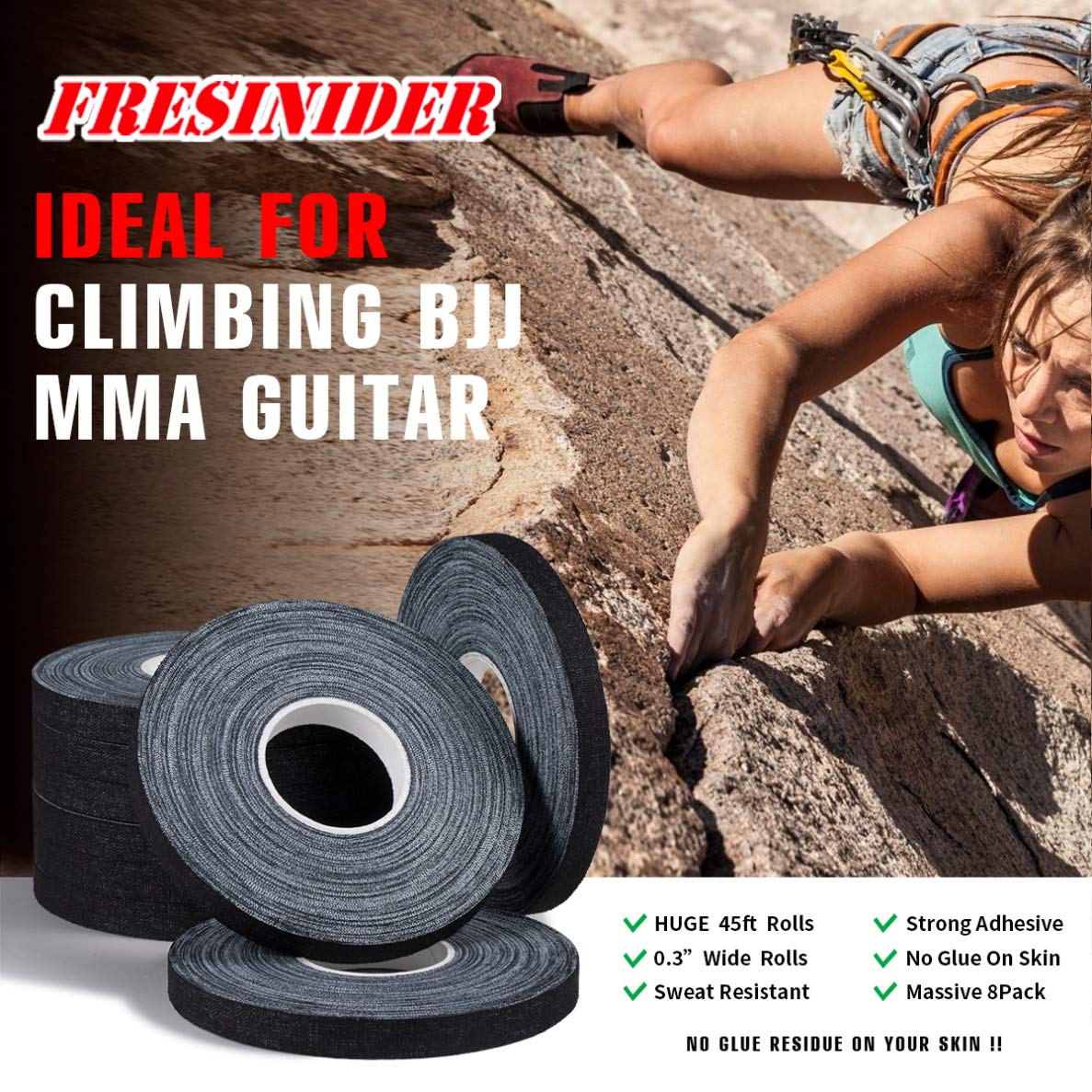 FRESINIDER Finger Tape - Strong Athletic Tape | 0.3” x 45 Feet (9 Pack) Tin Set | No Sticky Residue | for Rock Climbing, BJJ Jiu Jitsu, Grappling, Judo, MMA, Rock Climbing and Martial Arts (Black)