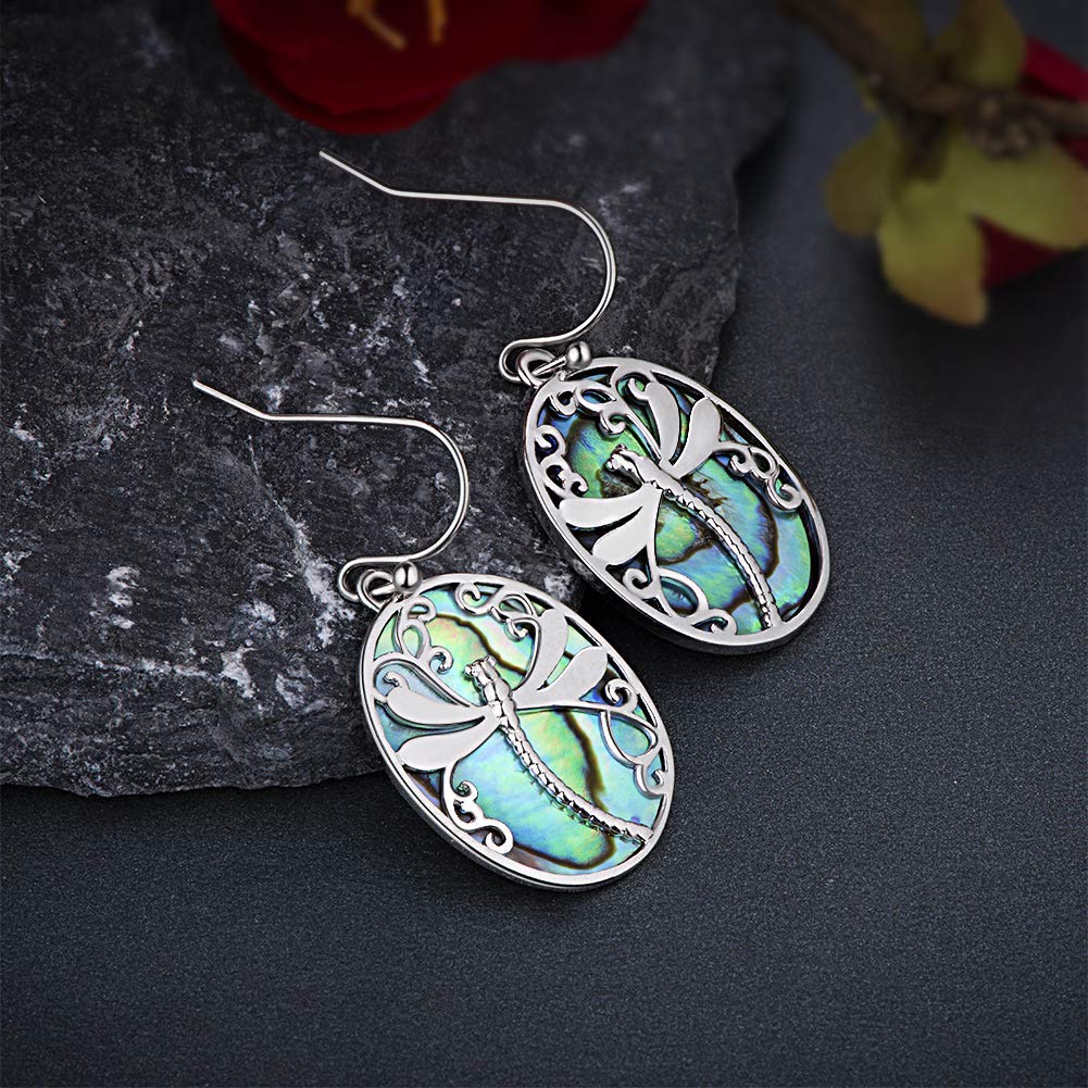 Abalone Drop Dragonfly Earrings Plated with White Gold, Fashionable Natural Shell Dangle Earring for Women