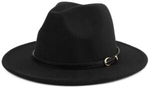 melesh wide brim unisex classic belt buckle fedora hat (b black)