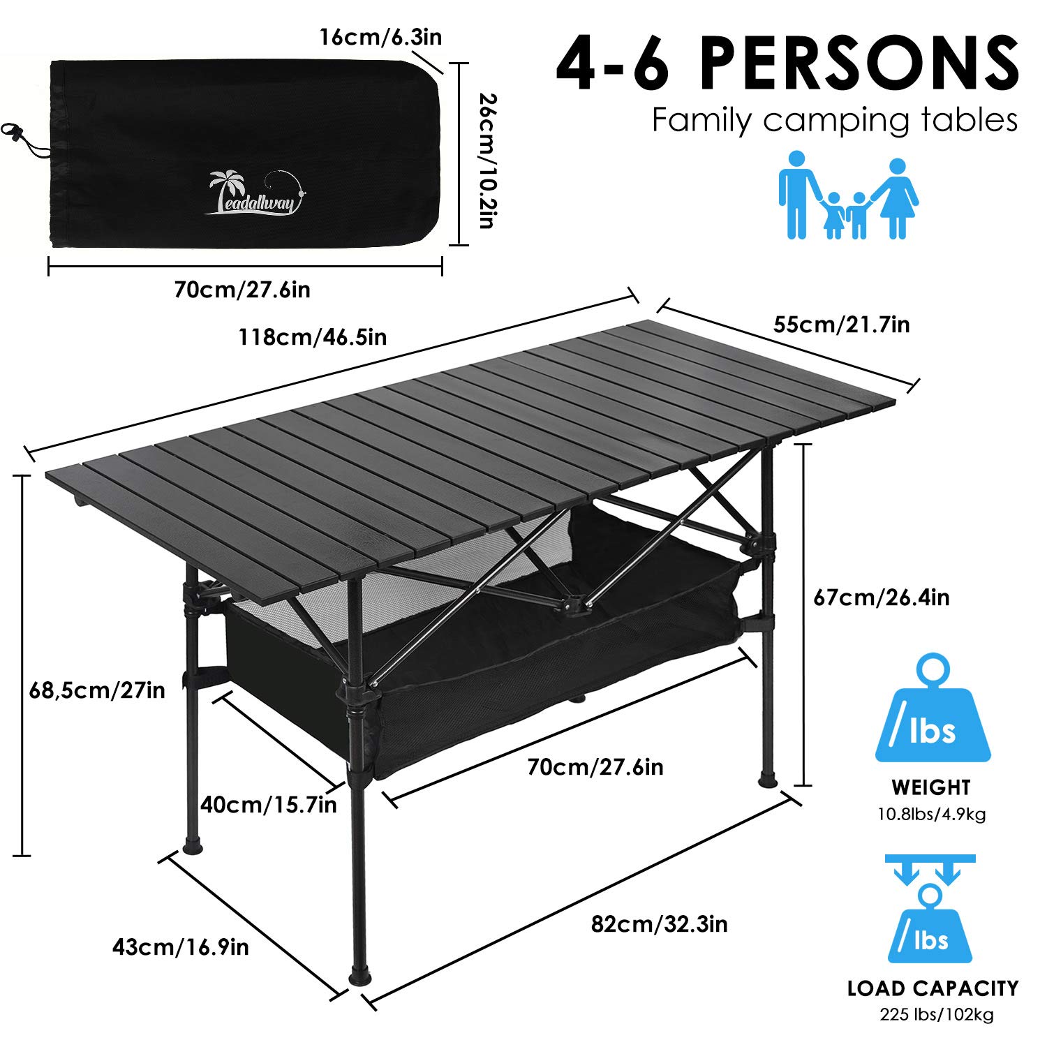 LEADALLWAY Folding Camping Table with Large Storage and Carrying Bags 47(L) x22(W)