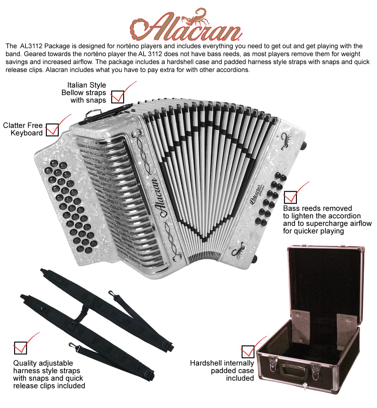 Alacran AL3112 Accordion Package: 31 Button, 12 Bass Accordion with Rigid Case and Adjustable Straps (Sol/GCF, White Pearl)