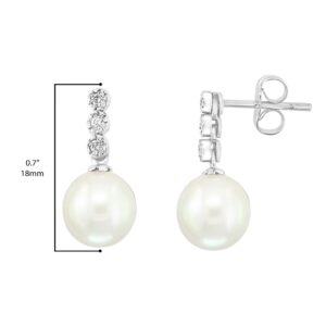 14K White Gold 0.09ctw Diamond & 8mm-8.5mm AAAA Round White Freshwater Cultured Pearl Stacked Bezels Drop Stud Earrings (G-H Color, SI2-I1 Clarity)