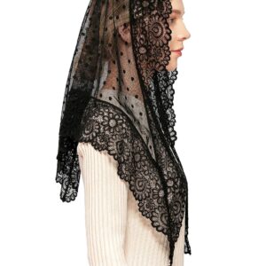 Wgior Triangle Vintage Inspired Lace Chapel Veils Catholic Mass Head Covering Scarf Mantilla Veils for Church (Black)