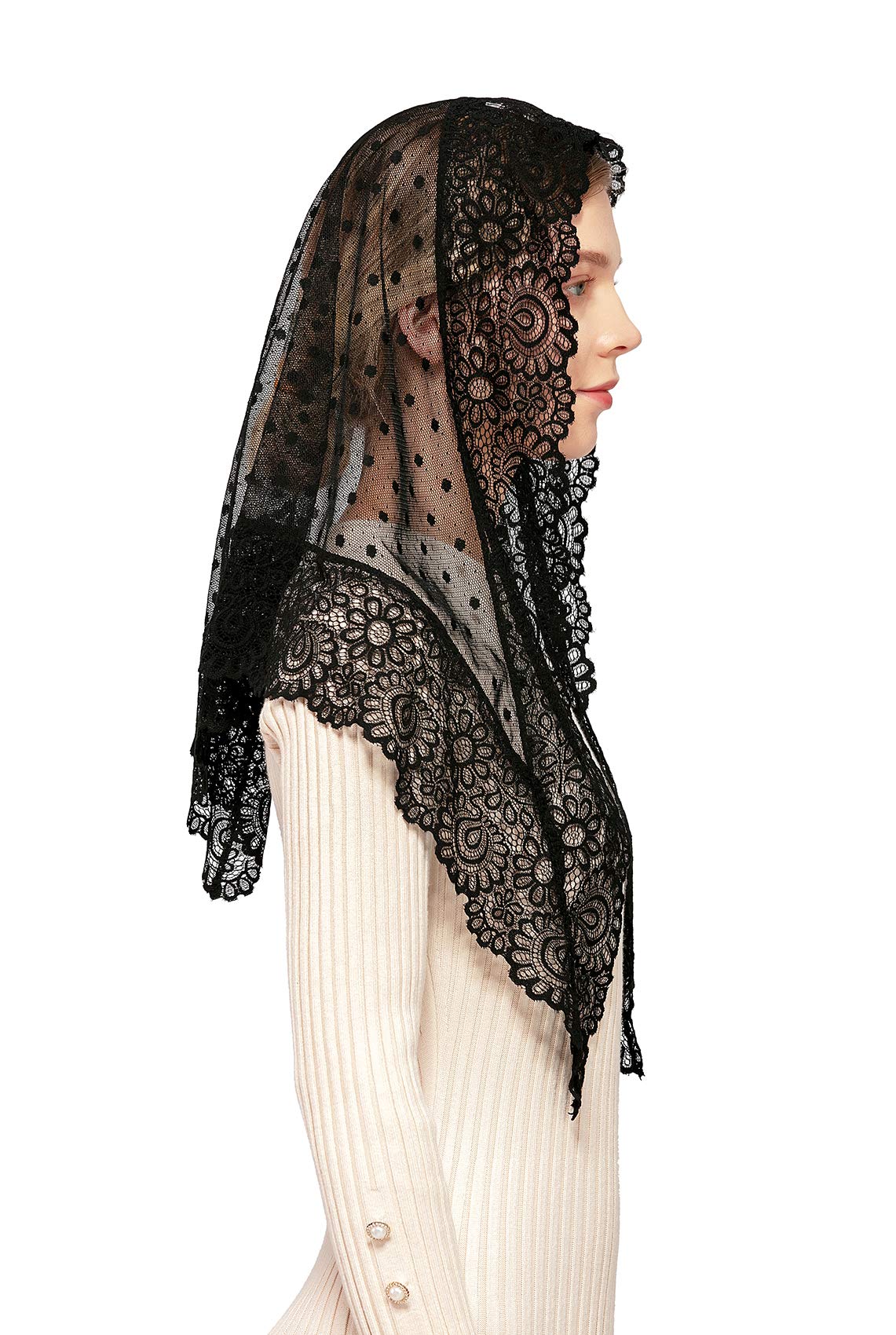 Wgior Triangle Vintage Inspired Lace Chapel Veils Catholic Mass Head Covering Scarf Mantilla Veils for Church (Black)