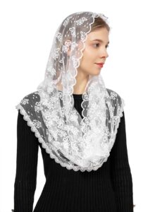 wgior embroidered lace chapel veil infinity mantilla veils catholic church veil latin mass head covering scarf (white)