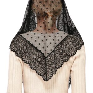 Wgior Triangle Vintage Inspired Lace Chapel Veils Catholic Mass Head Covering Scarf Mantilla Veils for Church (Black)