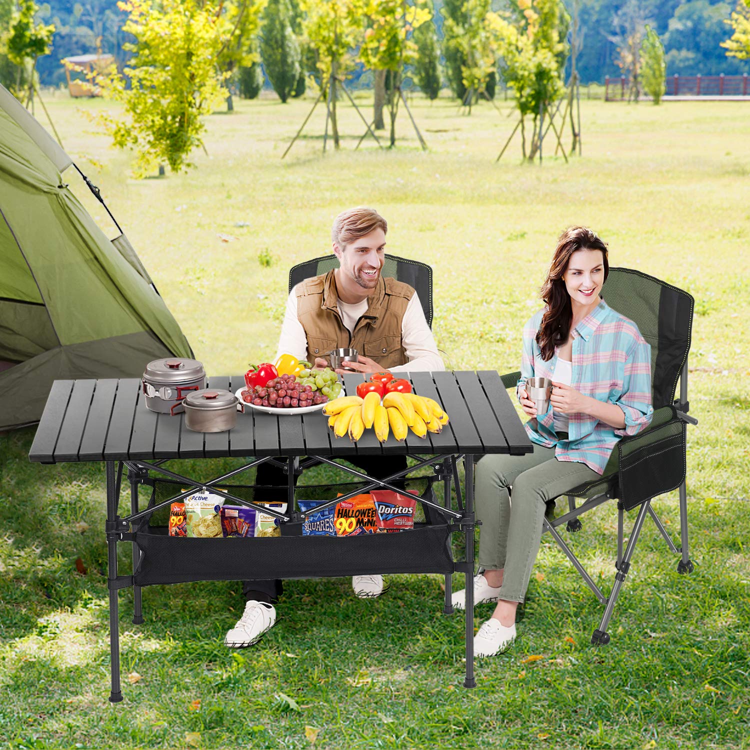 LEADALLWAY Folding Camping Table with Large Storage and Carrying Bags 47(L) x22(W)