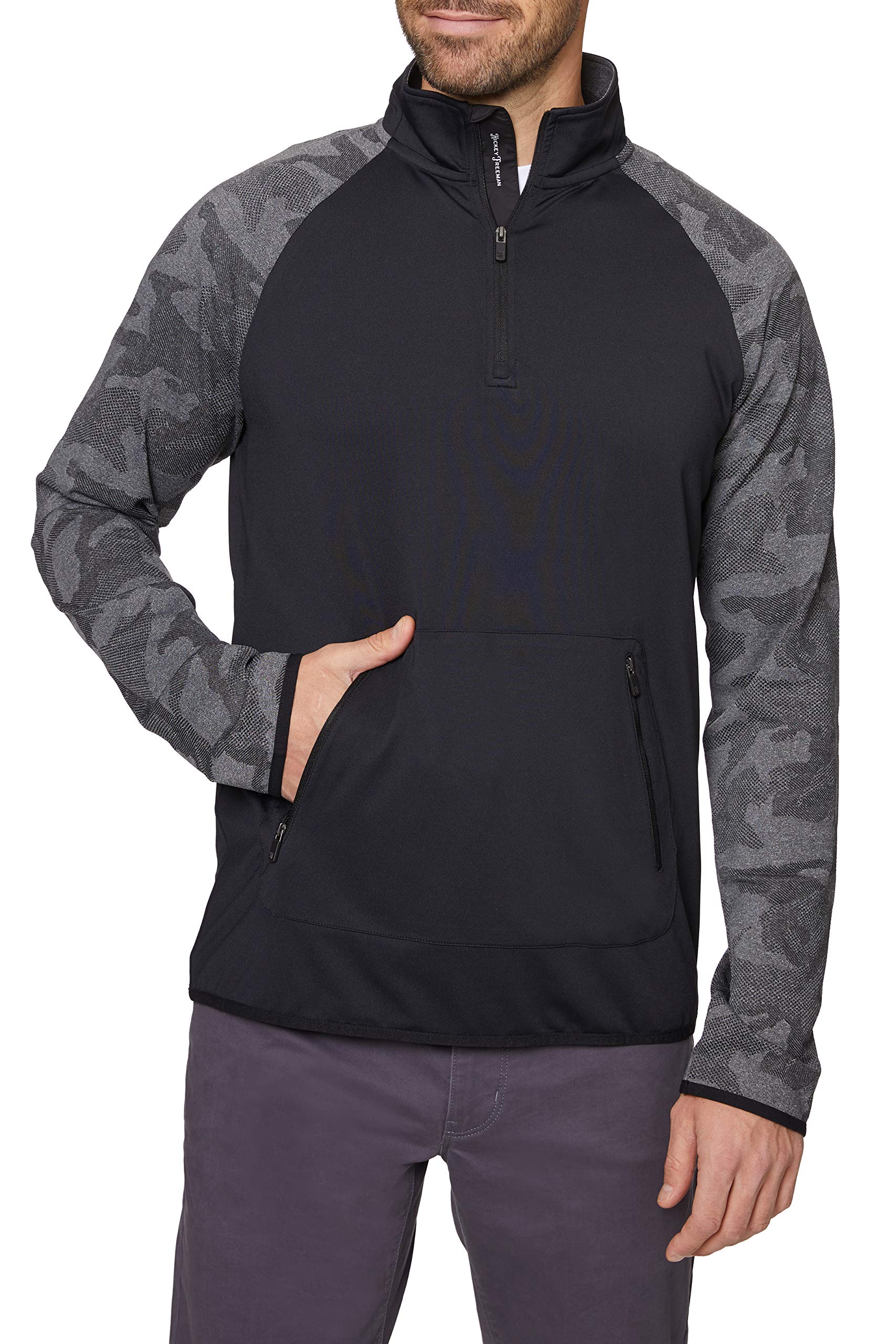 Hickey Freeman Men's Camo Jacquard Sleeve Quarter Zip, Black, XX-Large