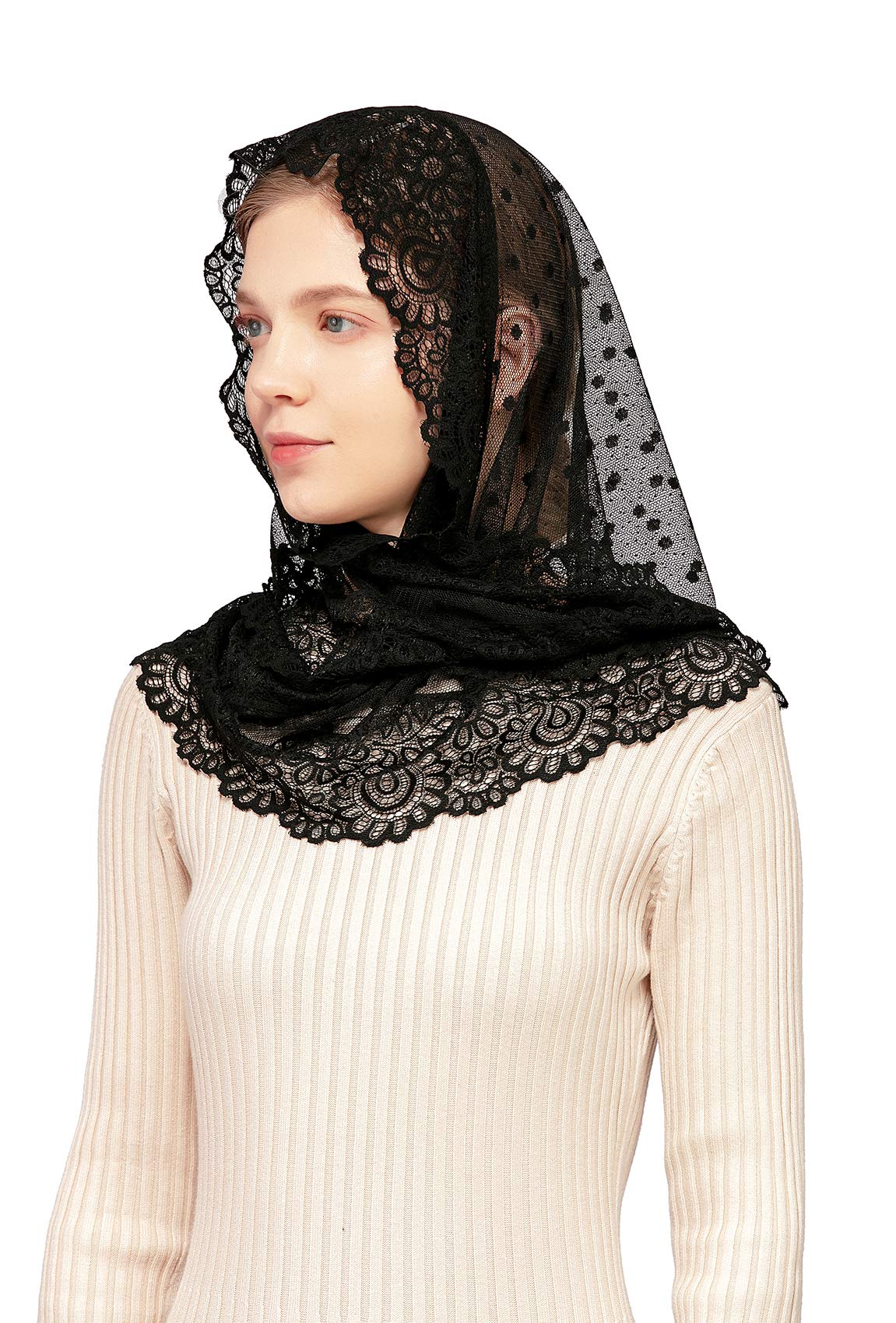 Wgior Triangle Vintage Inspired Lace Chapel Veils Catholic Mass Head Covering Scarf Mantilla Veils for Church (Black)