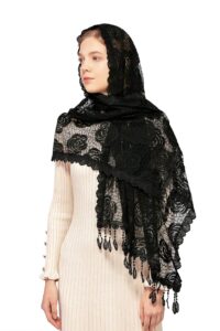 wgior rose rectangular chapel veil scarf catholic church veils mantilla wrap shawl mass head covering (black)