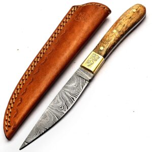 kni-9725 handmade damascus steel 9 inch knife rosewood handle with leather sheath