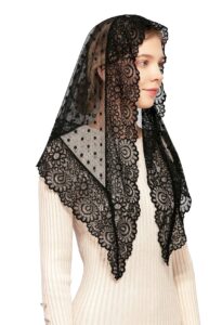 wgior triangle vintage inspired lace chapel veils catholic mass head covering scarf mantilla veils for church (black)