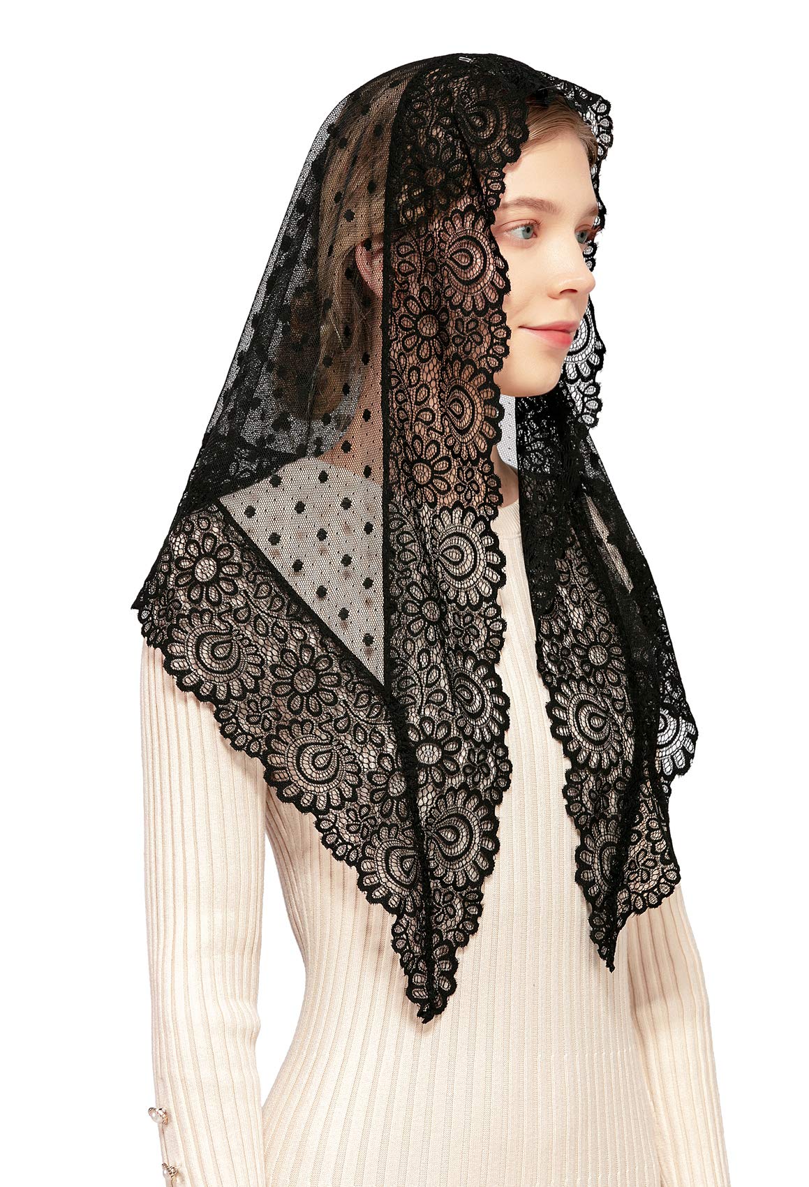 Wgior Triangle Vintage Inspired Lace Chapel Veils Catholic Mass Head Covering Scarf Mantilla Veils for Church (Black)