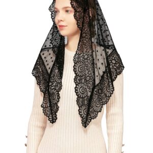 Wgior Triangle Vintage Inspired Lace Chapel Veils Catholic Mass Head Covering Scarf Mantilla Veils for Church (Black)