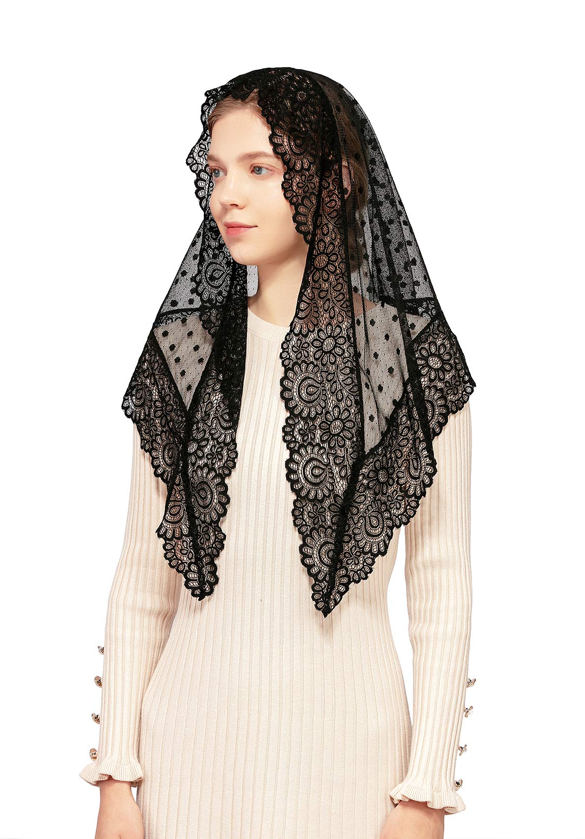 Wgior Triangle Vintage Inspired Lace Chapel Veils Catholic Mass Head Covering Scarf Mantilla Veils for Church (Black)