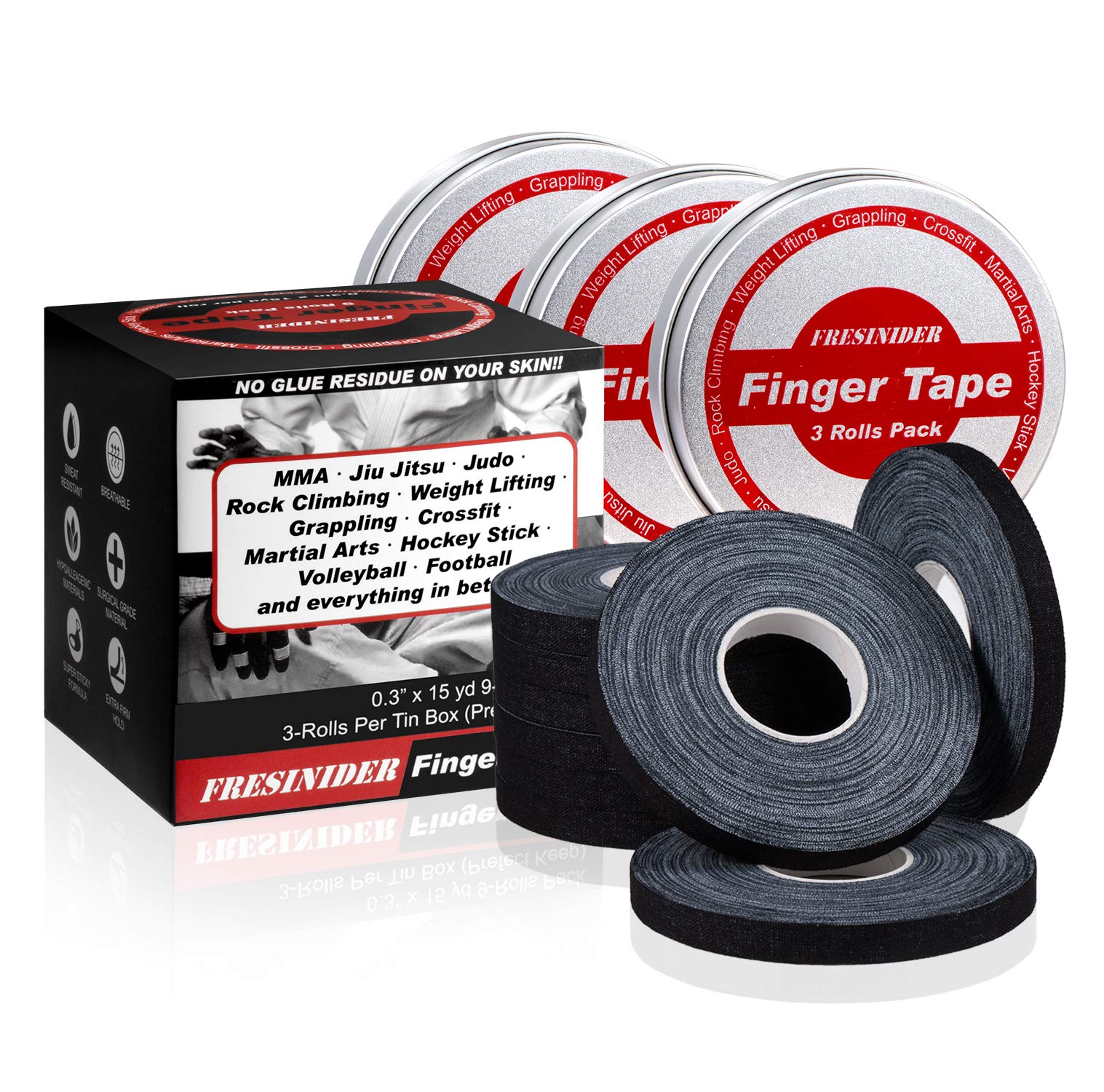 FRESINIDER Finger Tape - Strong Athletic Tape | 0.3” x 45 Feet (9 Pack) Tin Set | No Sticky Residue | for Rock Climbing, BJJ Jiu Jitsu, Grappling, Judo, MMA, Rock Climbing and Martial Arts (Black)