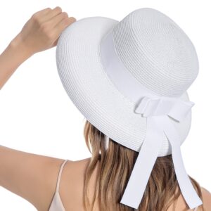 Muryobao Womens Sun Straw Hat Summer UV Protection Travel Foldable Wide Brim Bucket Hat Vintage Cloche Beach Fishing Cap UPF 50+ White