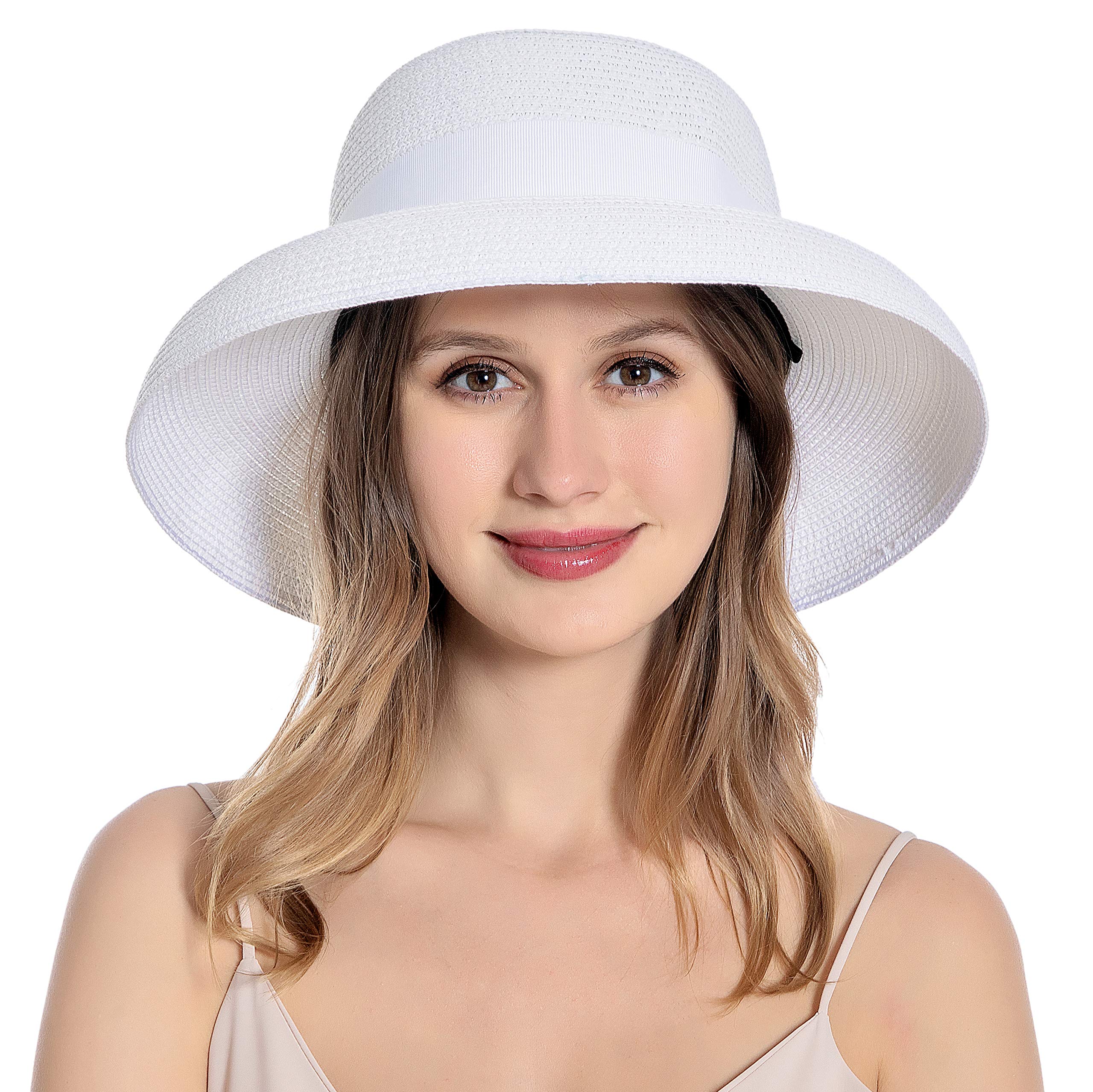 Muryobao Womens Sun Straw Hat Summer UV Protection Travel Foldable Wide Brim Bucket Hat Vintage Cloche Beach Fishing Cap UPF 50+ White